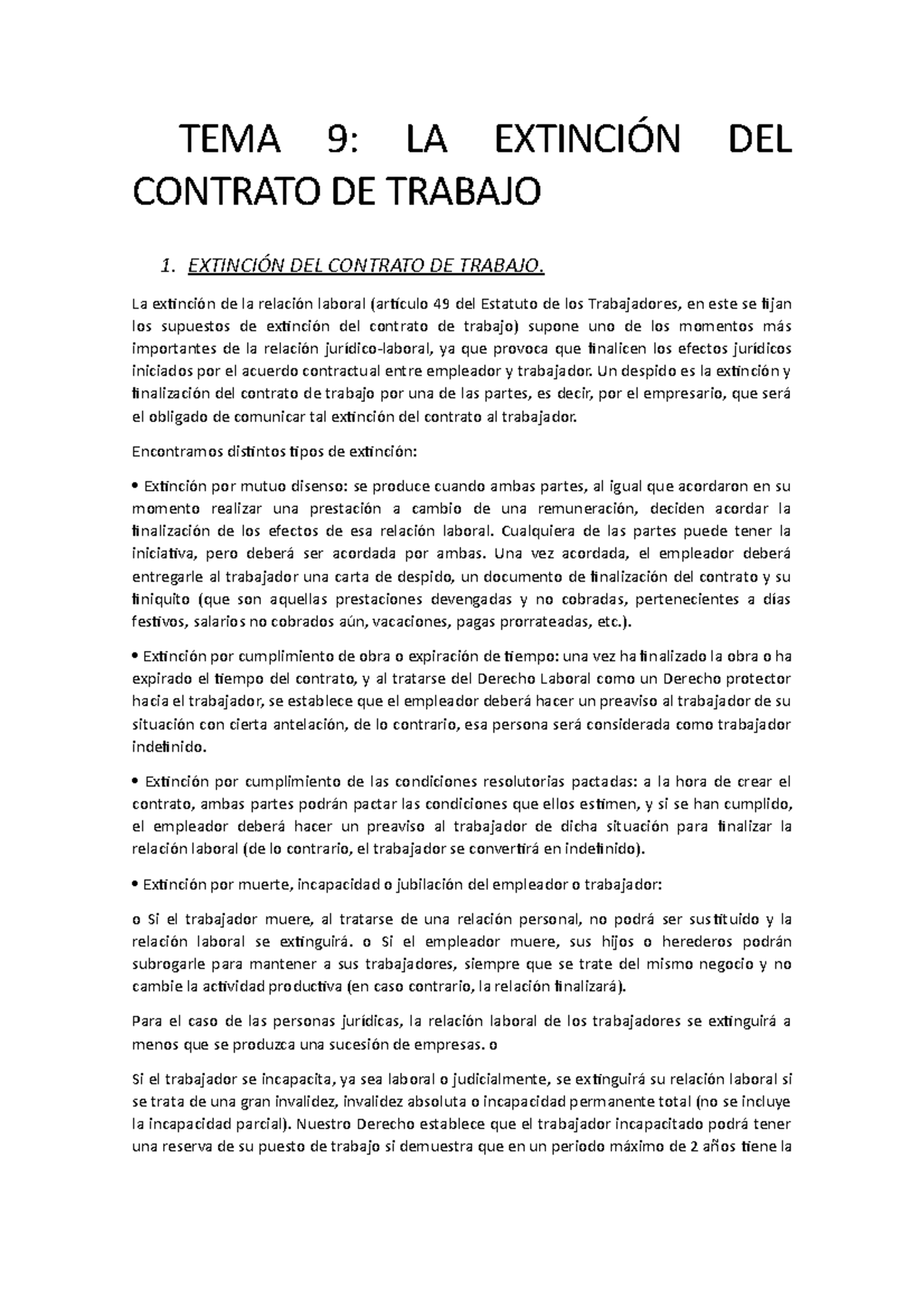 Tema 9 Tema 9 Derecho Laboral Extinción Del Contrato De Trabajo