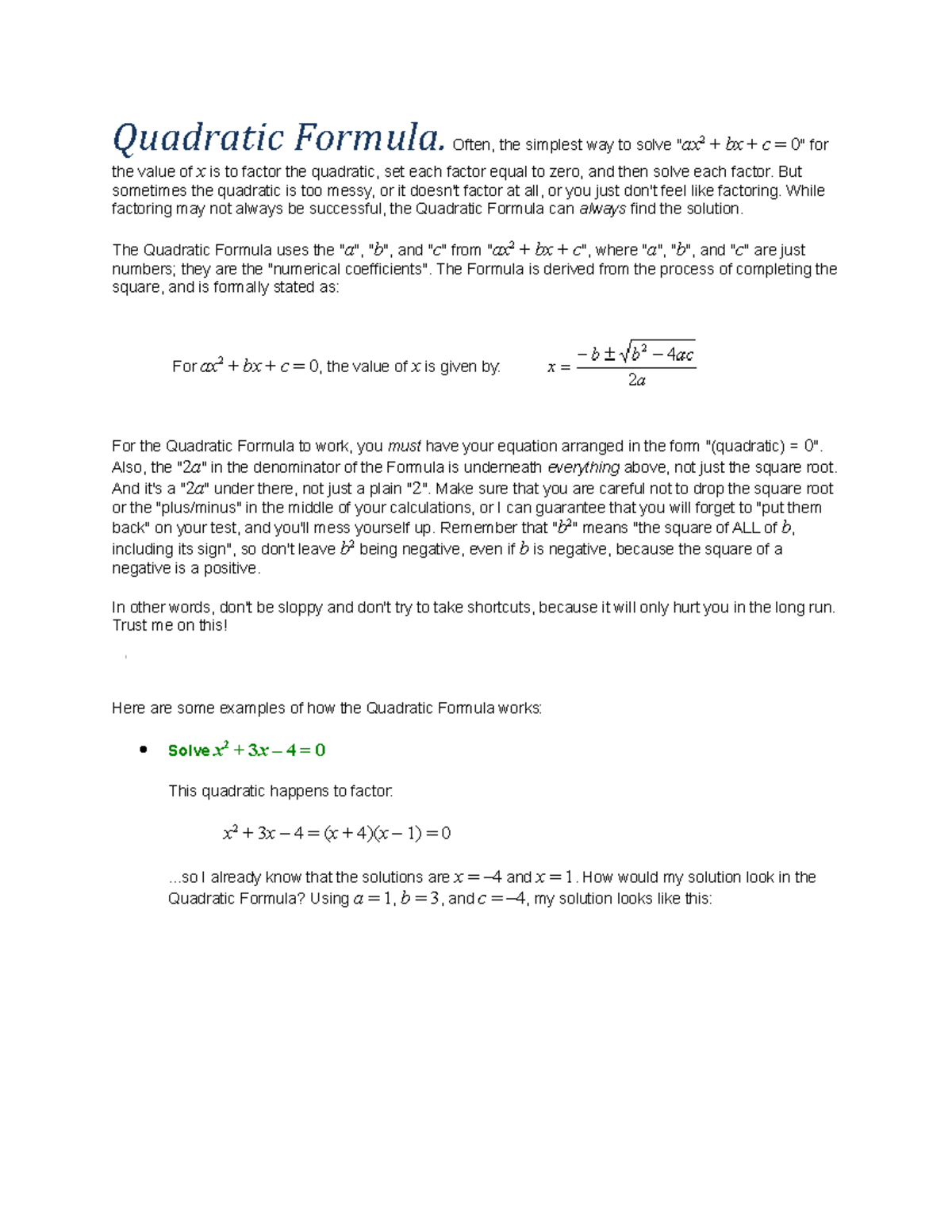 Lecture 27 Quadratic Formula Quadratic Formula Often The Simplest