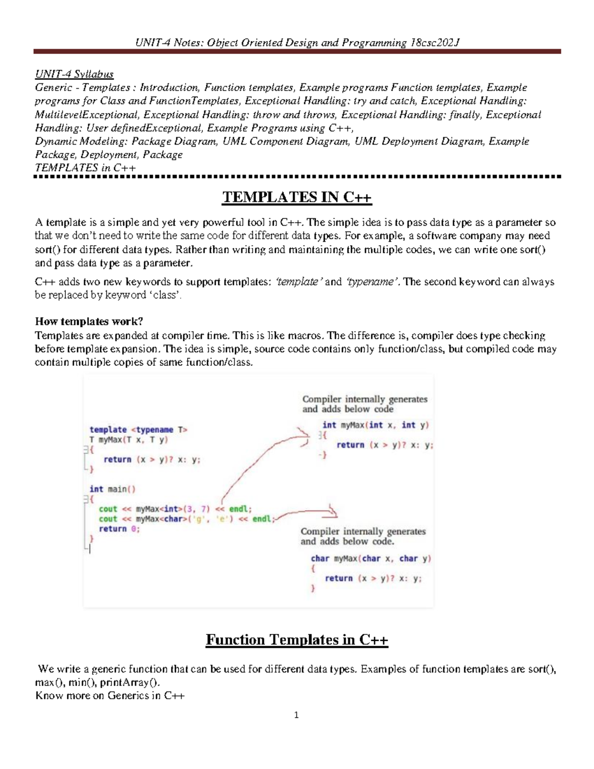 Unit 4 - UNIT-4 Syllabus Generic - Templates : Introduction, Function ...