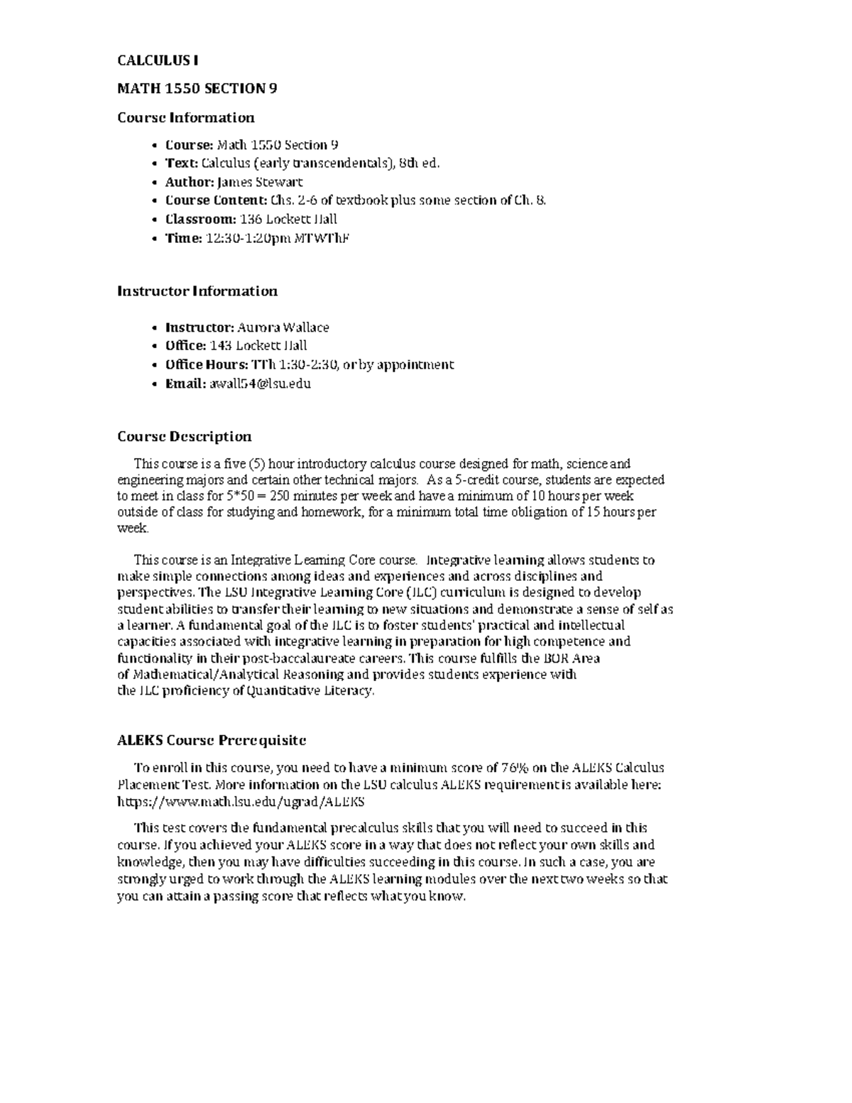 Syllabus Wallace Sp23 Math 1550 - CALCULUS I MATH 1550 SECTION 9 Course ...