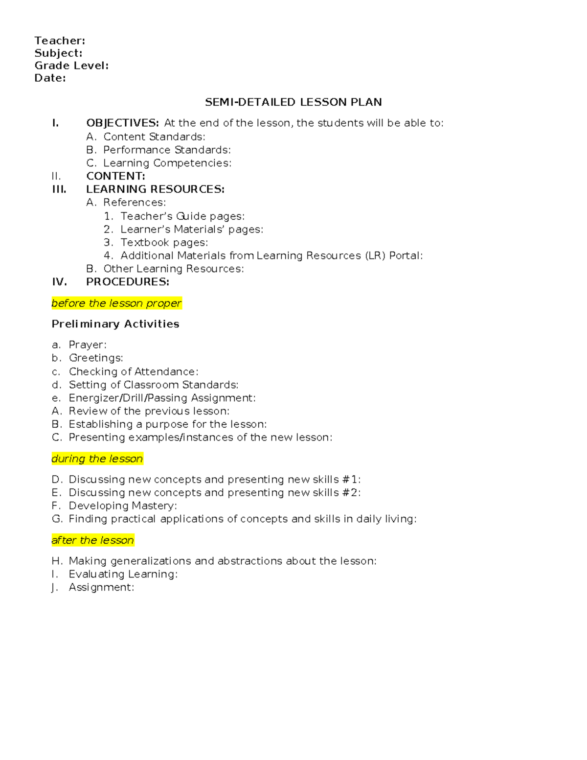 (2) Template Semi-DLP - Teacher: Subject: Grade Level: Date: SEMI ...