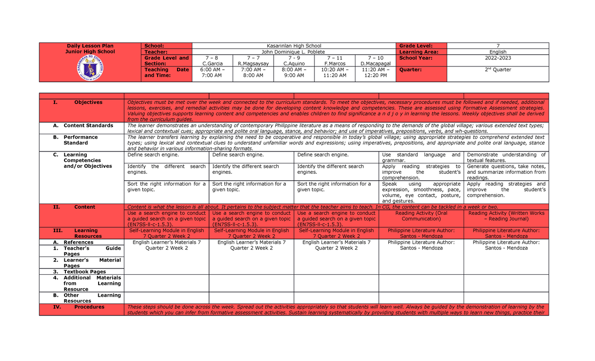 Quarter 2 Week 2 Lesson Plan - Daily Lesson Plan Junior High School ...