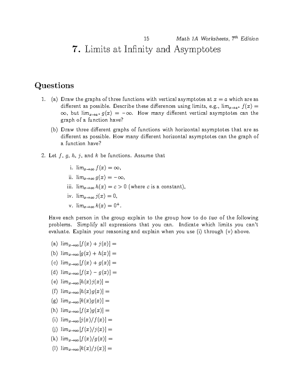 WS-W - Calculus Practice - 15 Math 1A Worksheets, 7 th Edition 7 ...