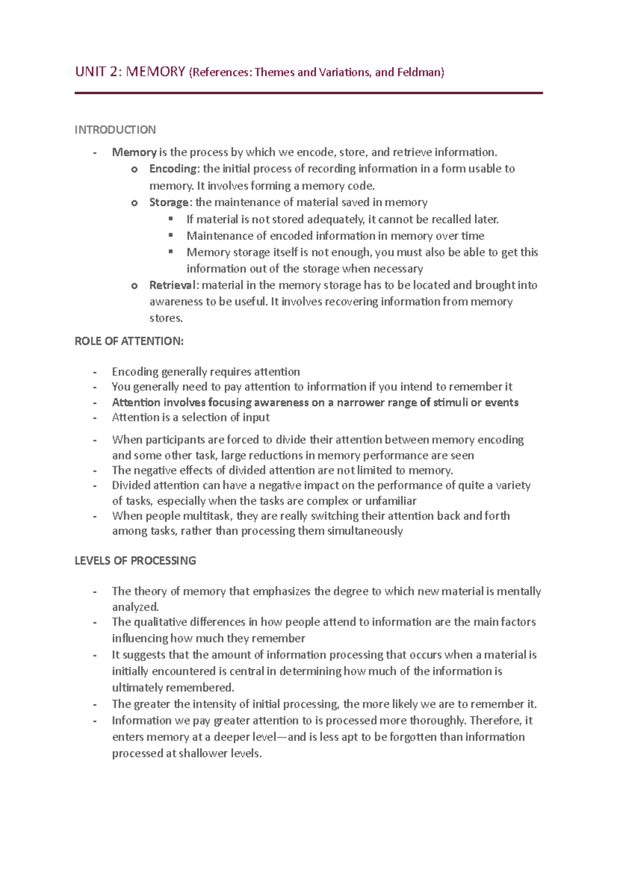 Memory - Notes from Themes and Variations and Understanding Psychology ...