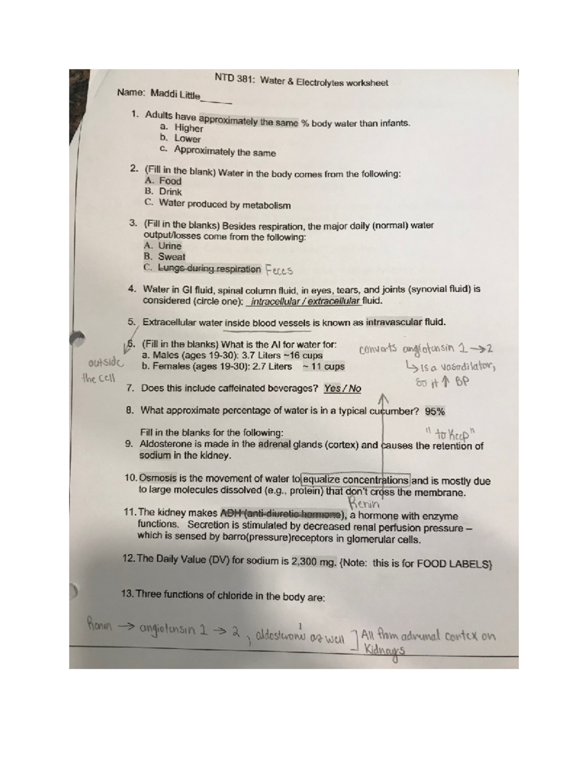 Water and Electrolyte Completed WS - NTD 381 - Studocu