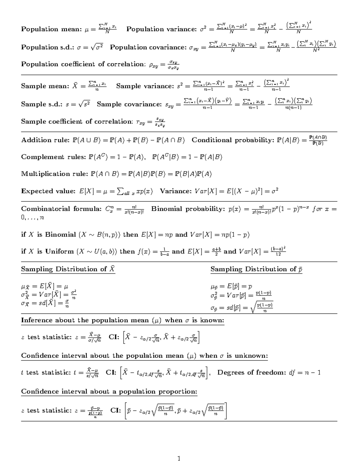 Aid-Sheet with Tables - stats formula sheet - Population mean: μ = ∑N i ...
