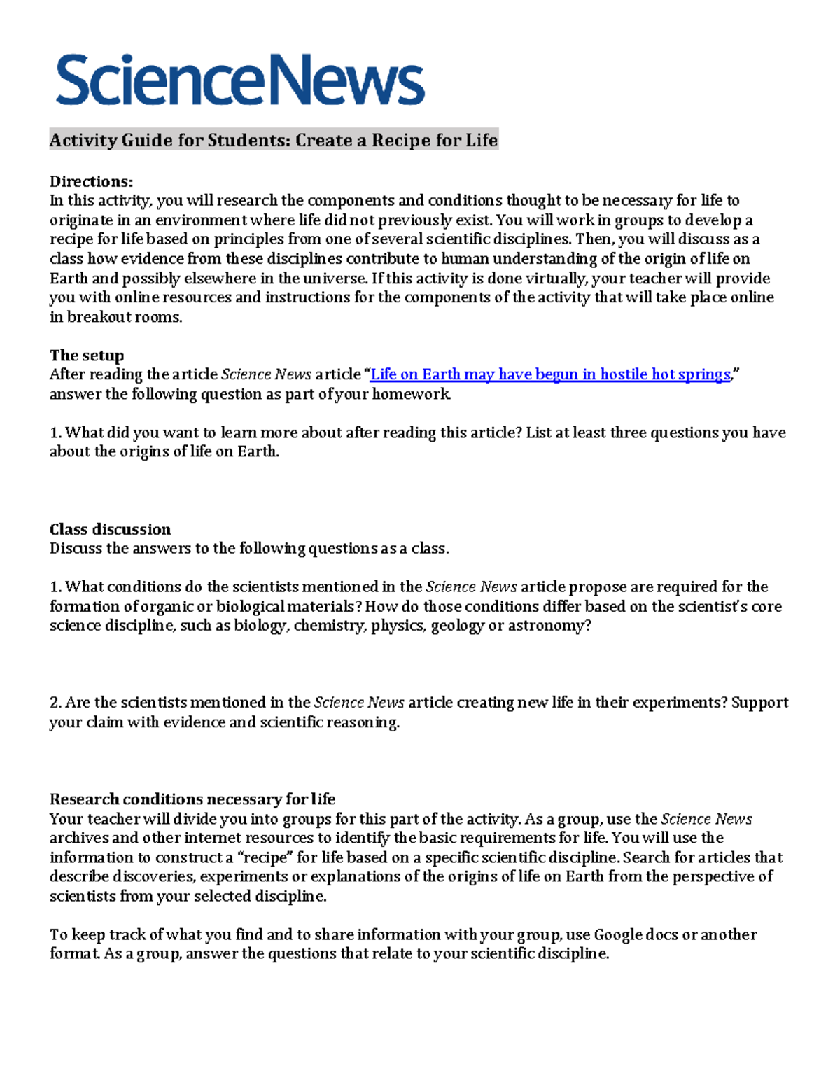 Recipe-for-Life Student Worksheet - Activity Guide for Students: Create ...