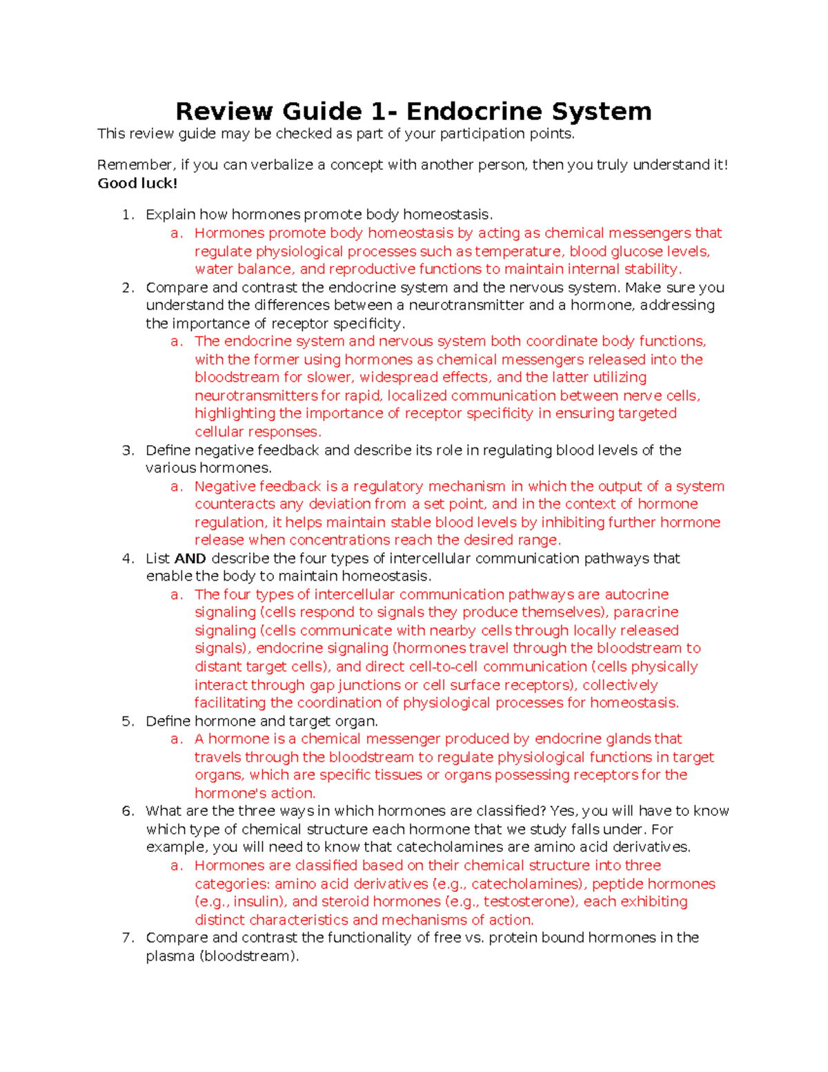 Review Guide 1- Endocrine System - Remember, if you can verbalize a ...