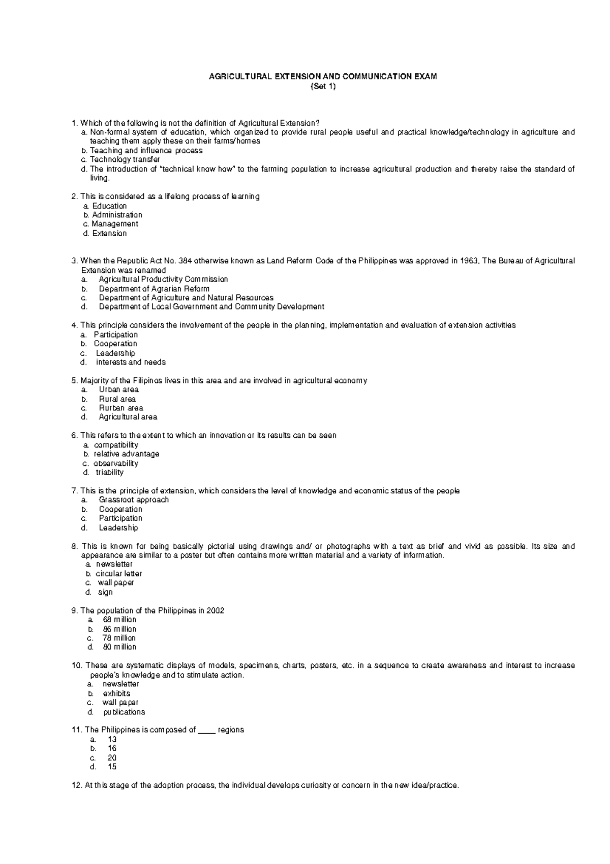 Agricultural extension mock test - AGRICULTURAL EXTENSION AND ...