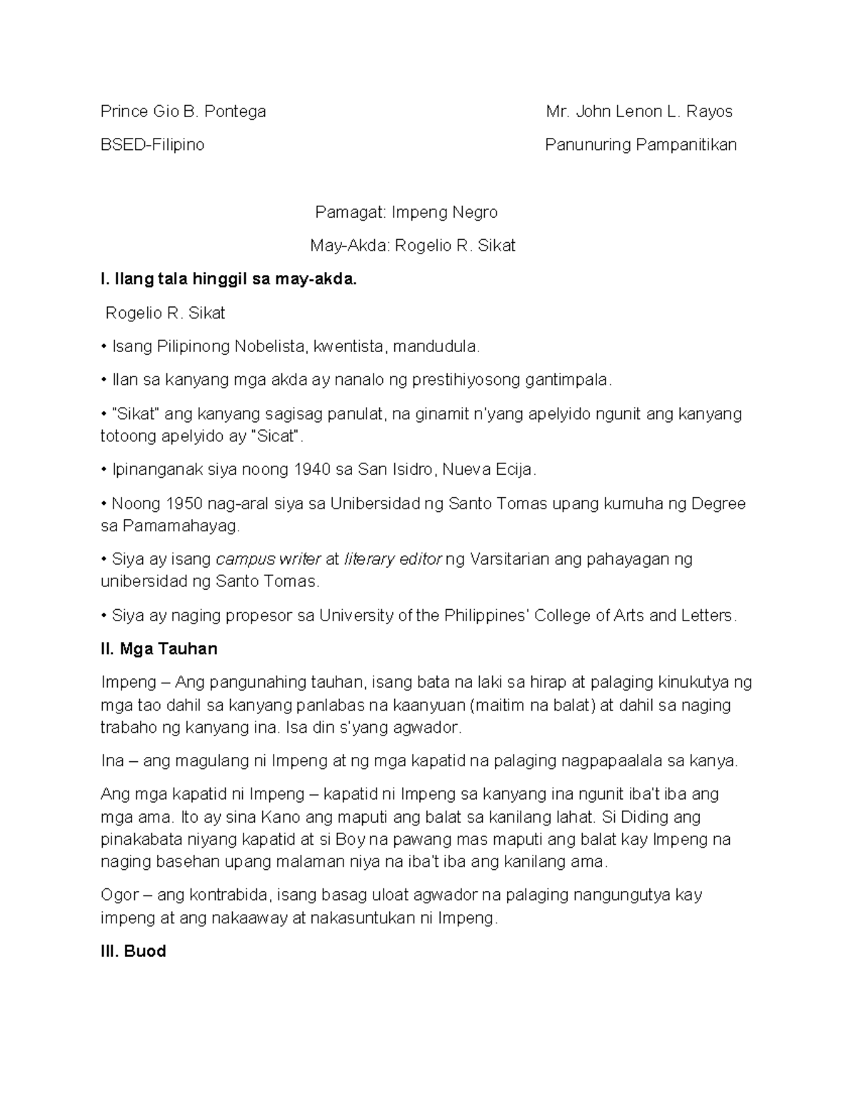 Panunuring Pampanitikan - Impeng Negro - Prince Gio B. Pontega Mr. John ...