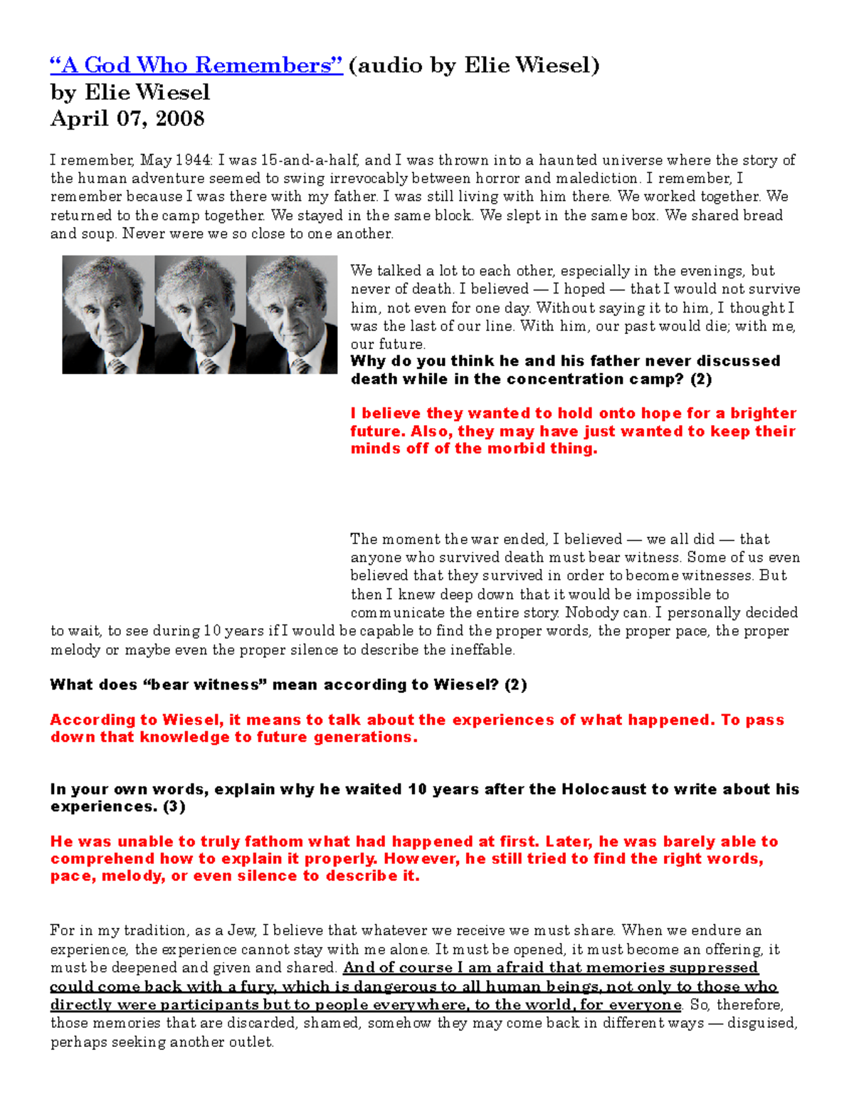 Close reading Elie Wiesel A God Who Remembers - “A God Who Remembers ...