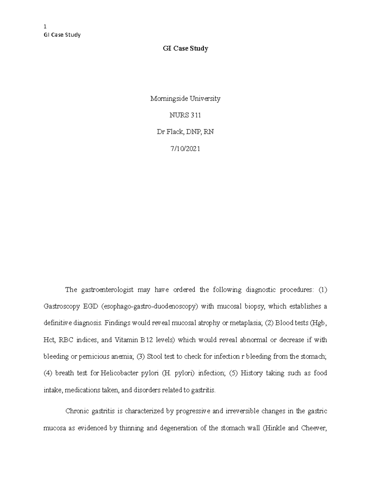 GI Case Study - GI Case Study Morningside University NURS 311 Dr Flack ...