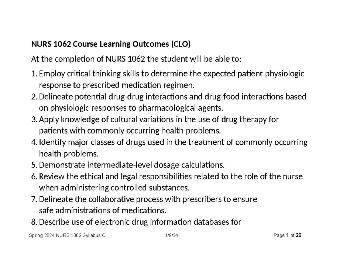 Syllabus C (Pharmacology II) - NURS 1062 Course Learning Outcomes (CLO ...