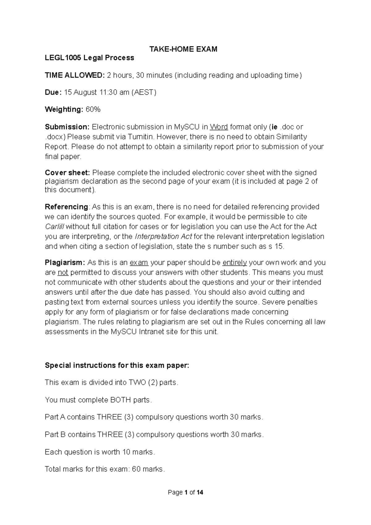 Legal Process Practice Exam Paper - TAKE-HOME EXAM LEGL1005 Legal ...