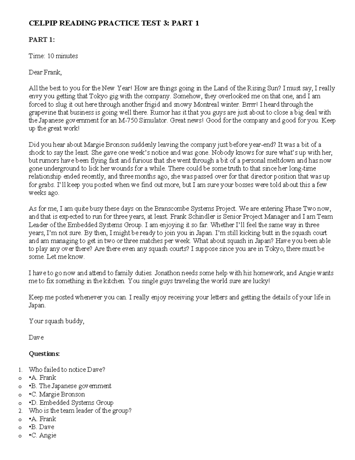 Celpip reading 3 - CELPIP READING PRACTICE TEST 3: PART 1 PART 1: Time ...