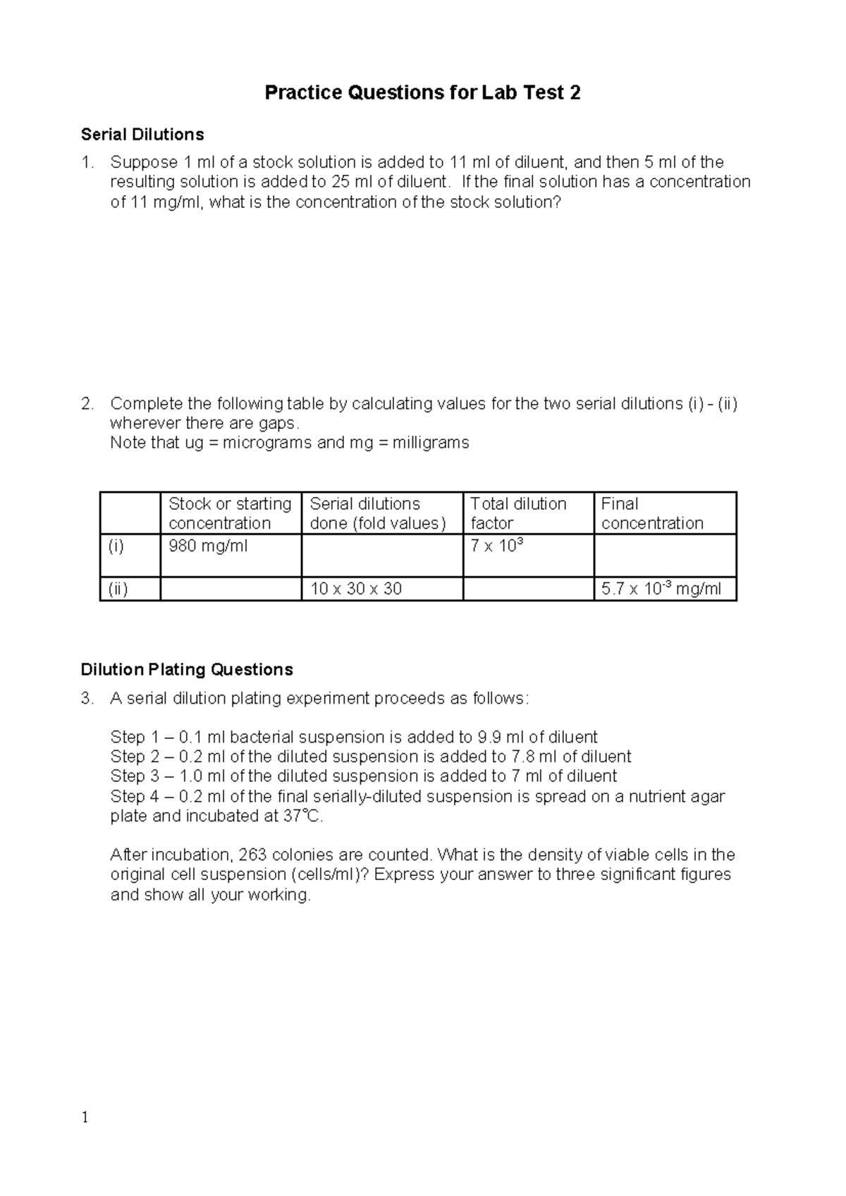 Practice Questions for Lab Test 2 - If the final solution has a ...