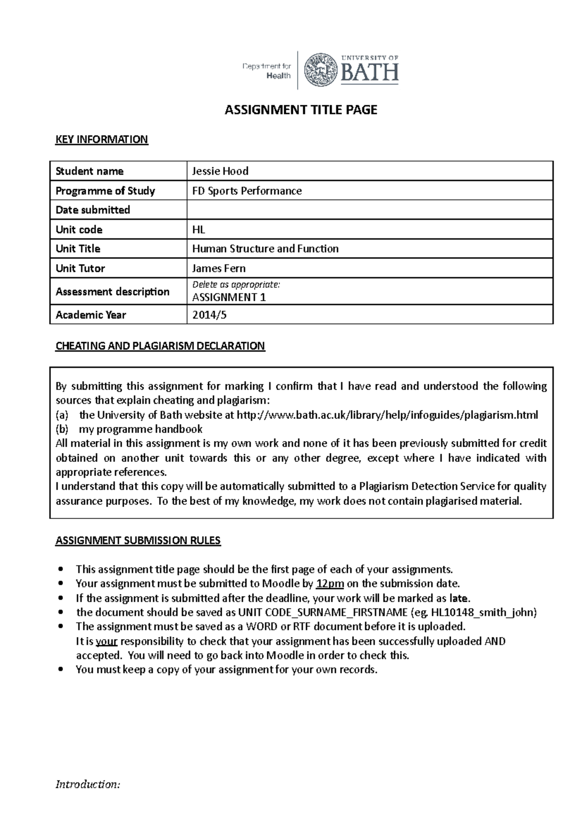 Human Structure And Function Assignment 1 ASSIGNMENT TITLE PAGE KEY