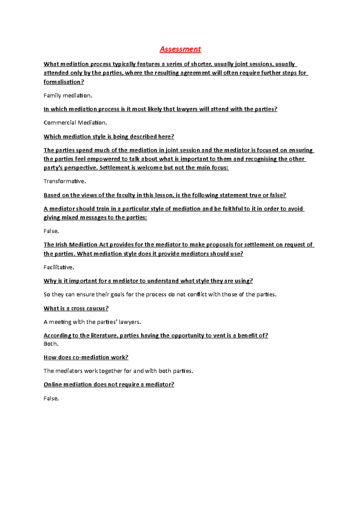 E-Module 3 Lesson 2 - Mediation Processes and Models - Assessment What ...