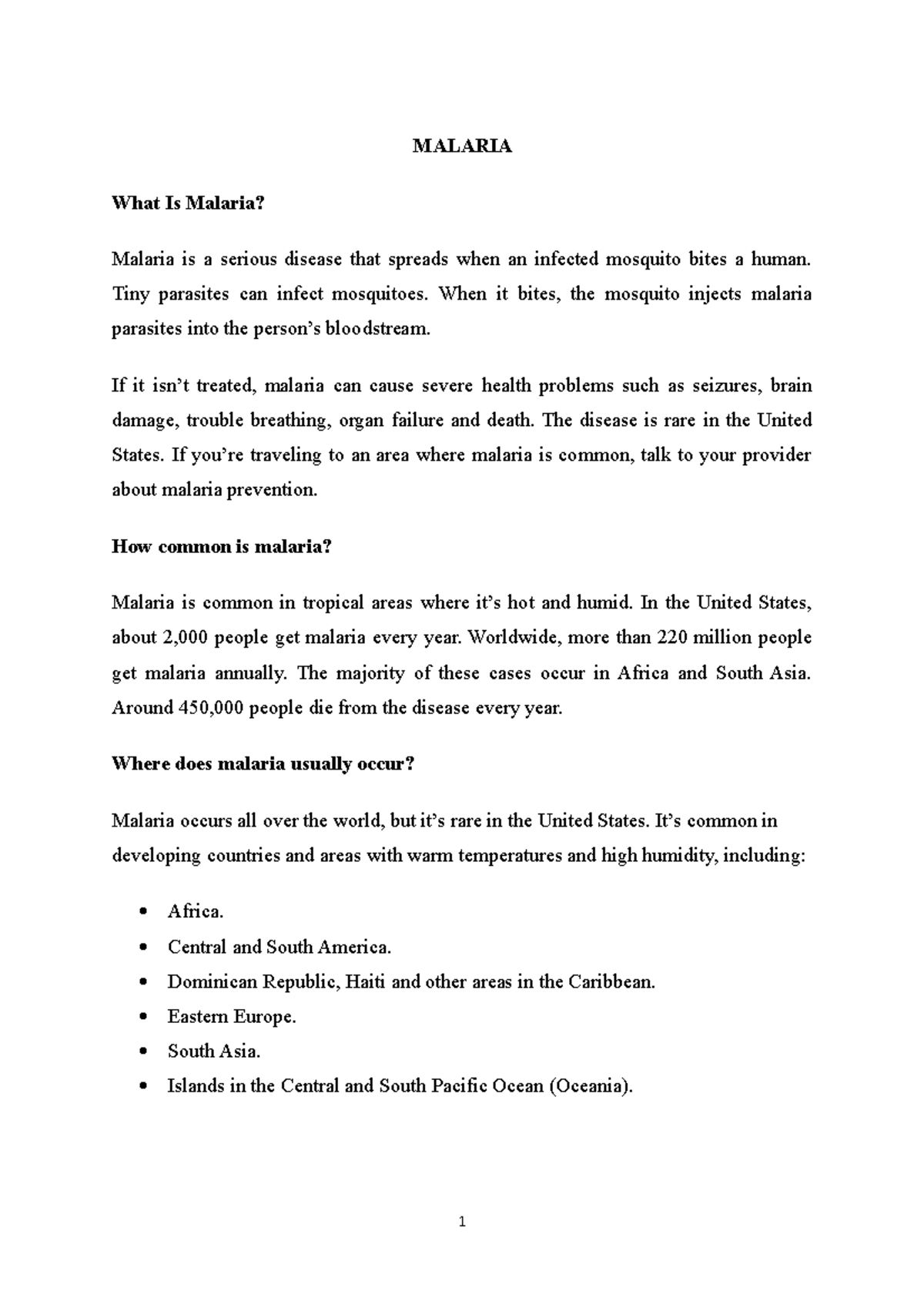 Malaria - MALARIA What Is Malaria? Malaria is a serious disease that ...