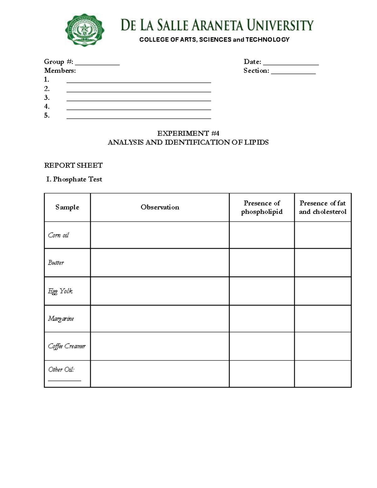 Experiment #4 Analysis and Identification of Lipids Report Sheet ...