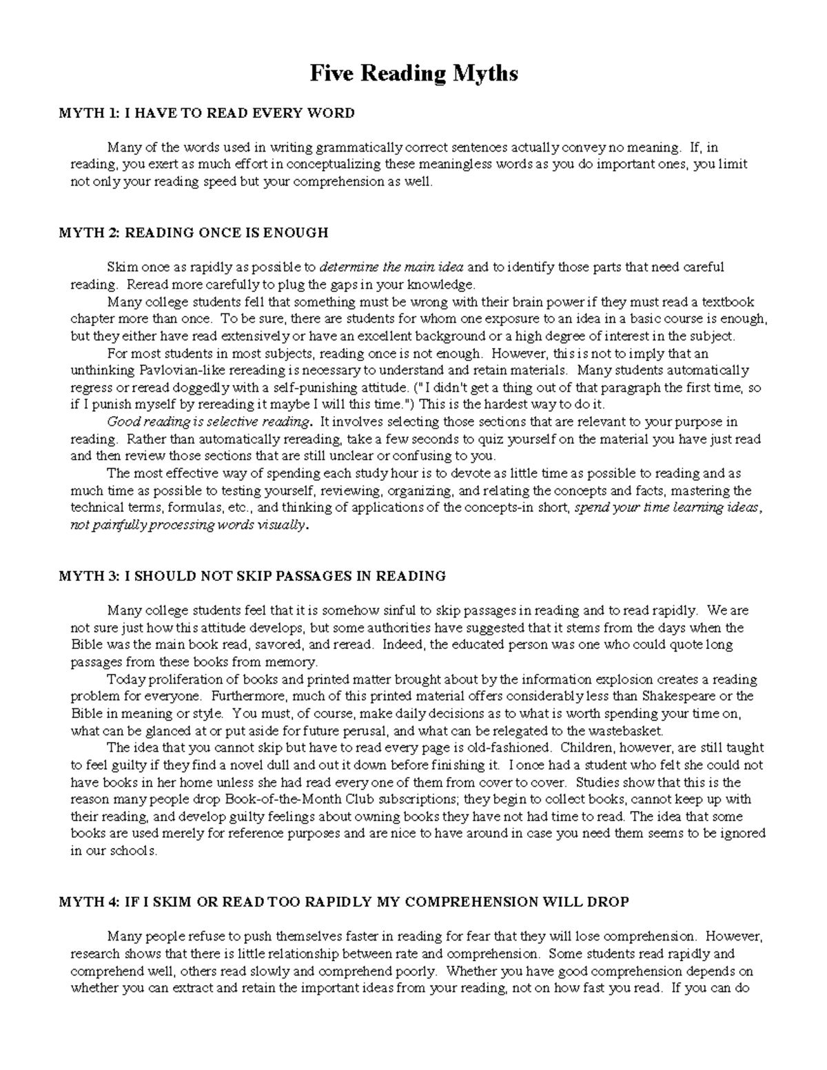 5 Reading Myths - Five Reading Myths MYTH 1: I HAVE TO READ EVERY WORD Many of the words used in ...