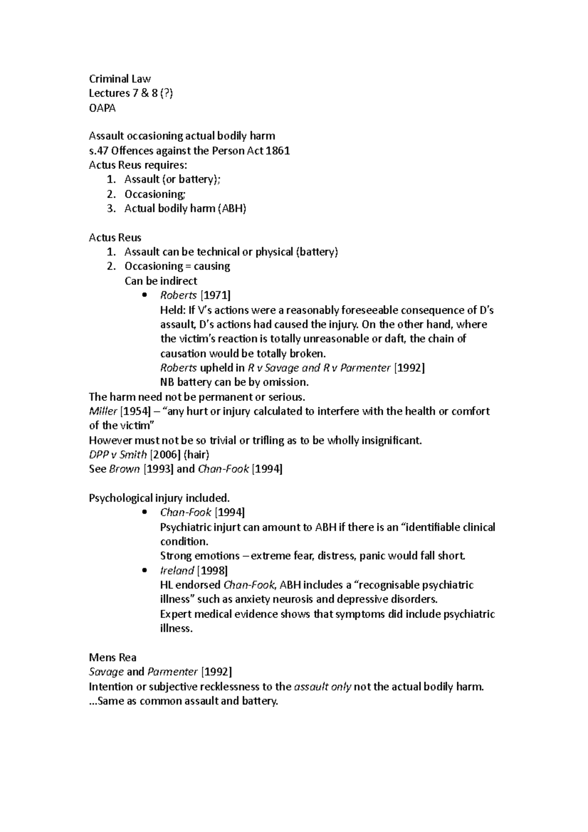 Lec 8 - lecture notes 8 - Criminal Law Lectures 7 & 8 (?) OAPA Assault ...