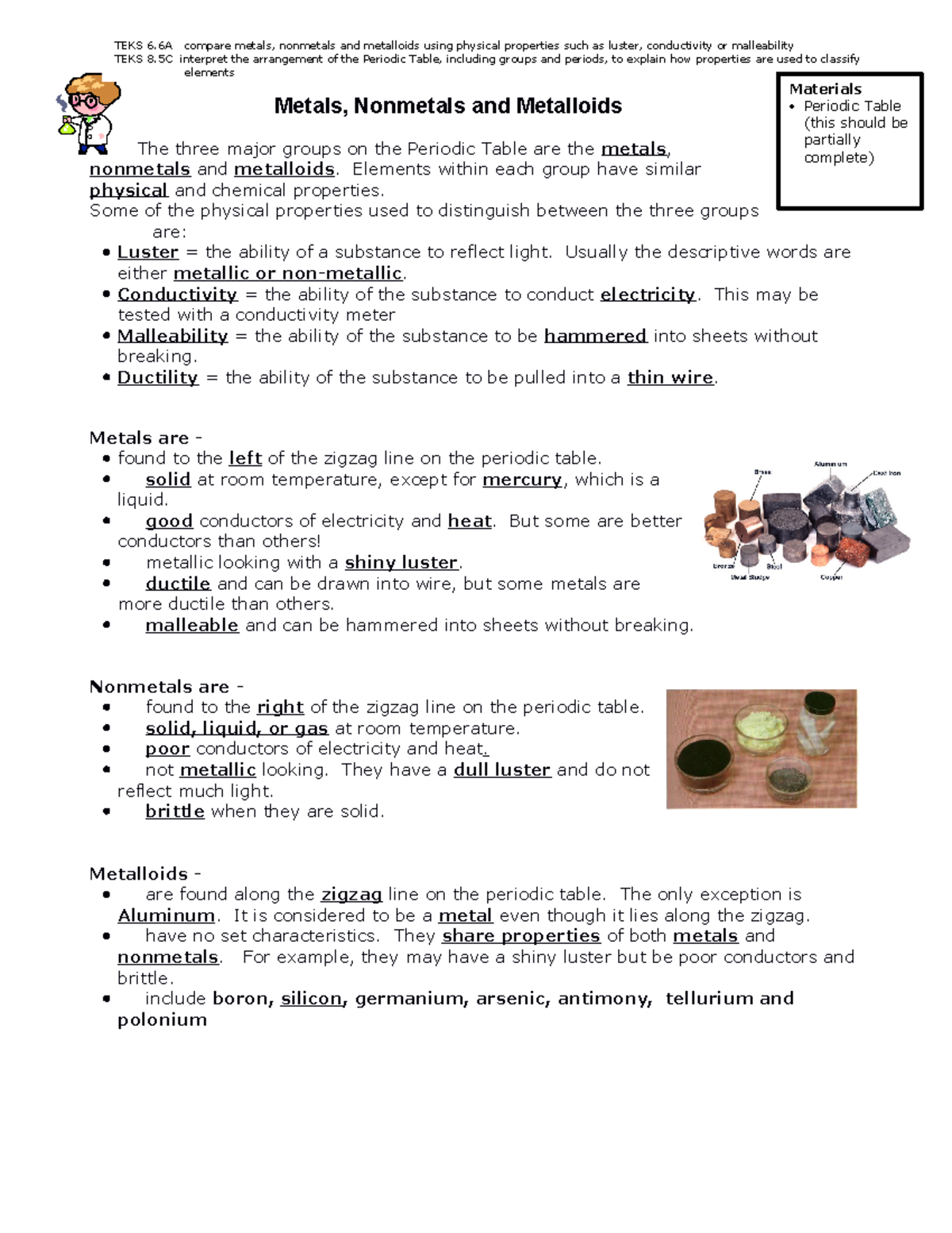 Metals Non Metals Metalloids Notes - Metals, Nonmetals and Metalloids ...