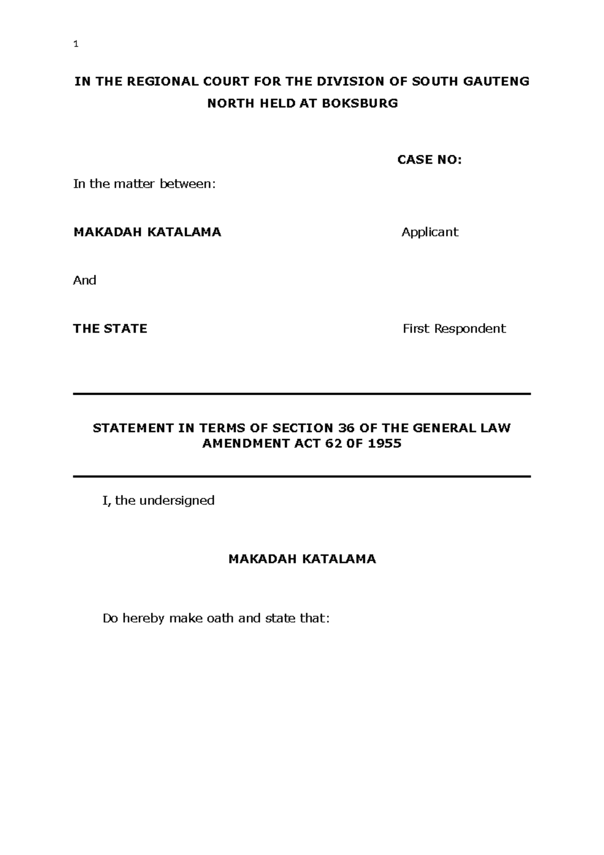 Section 174 application for discharge - IN THE REGIONAL COURT FOR THE ...