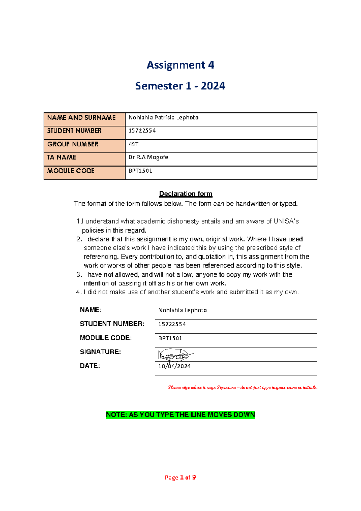 BPT Assignment 4 - S1 - 2024 - Assignment 4 Semester 1 - 2024 NAME AND SURNAME Nohlahla Patricia ...