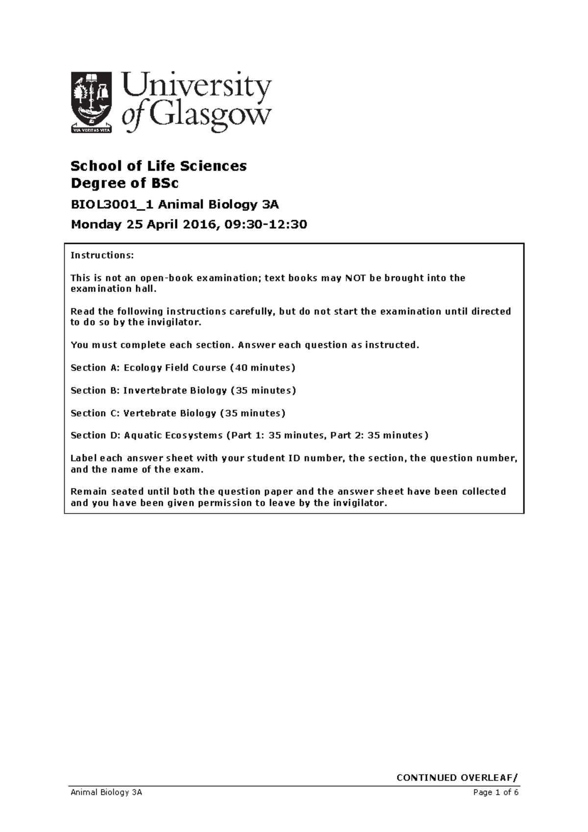 Exam 3 May 2016, questions - School of Life Sciences Degree of BSc ...