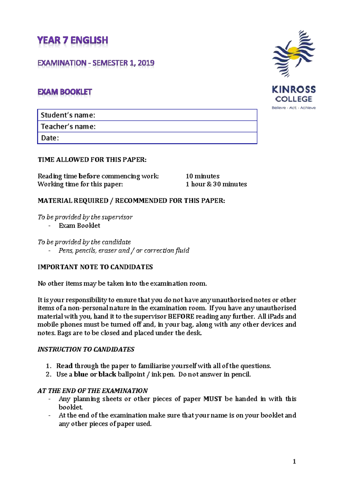 English Year 7 test 1 - Literary writing - Student’s name: Teacher’s ...