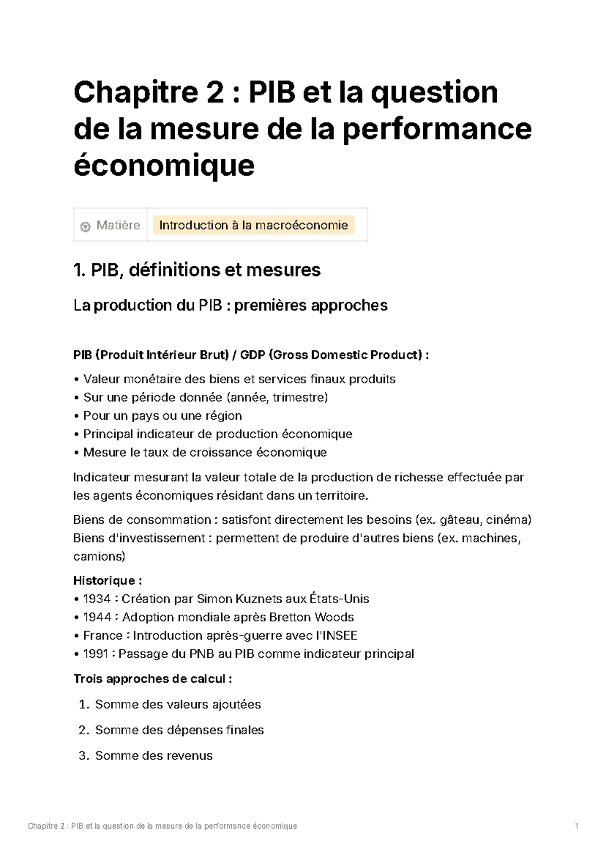 Chapitre 2 PIB et la question de la mesure de la performance conomique - Chapitre 2 : PIB et la ...