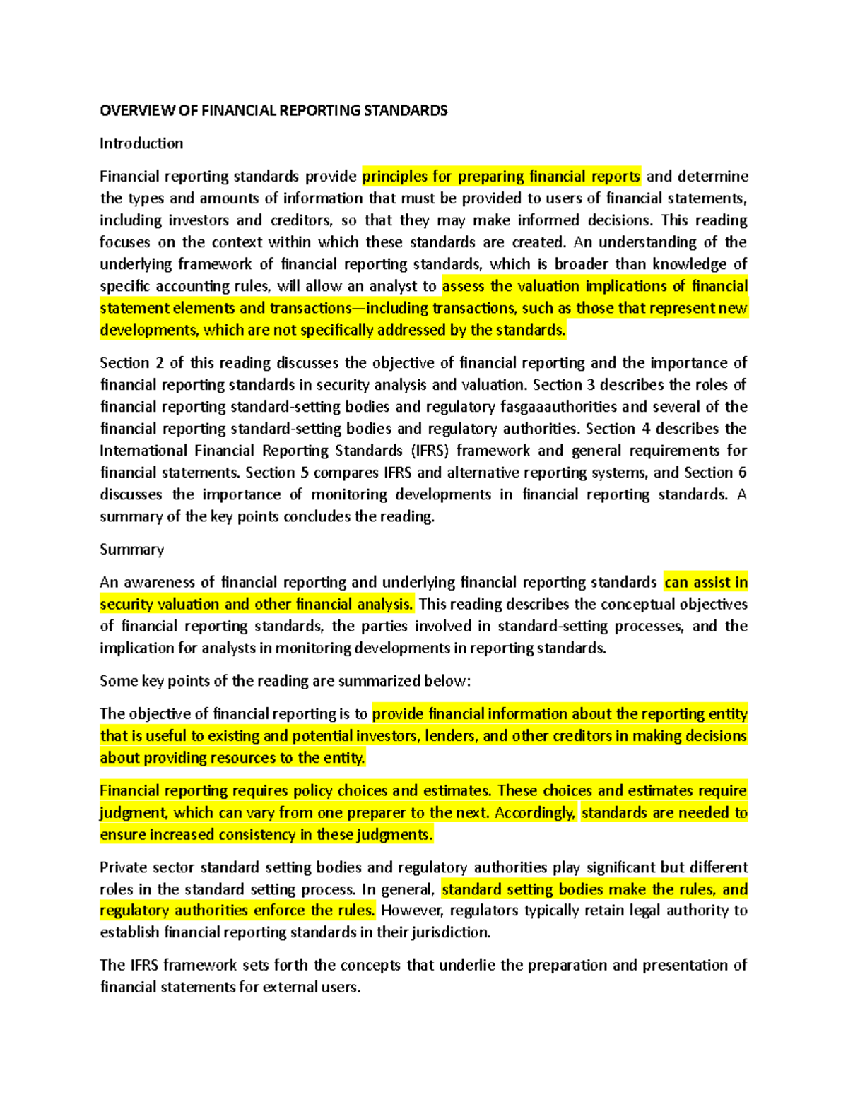 Overview of Financial Reporting Standards readings for lecture ...