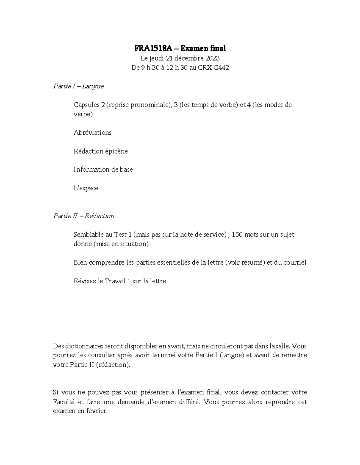 FRA1518A examen final - FRA15 1 8A – Examen final Le jeudi 2 1 décembre ...