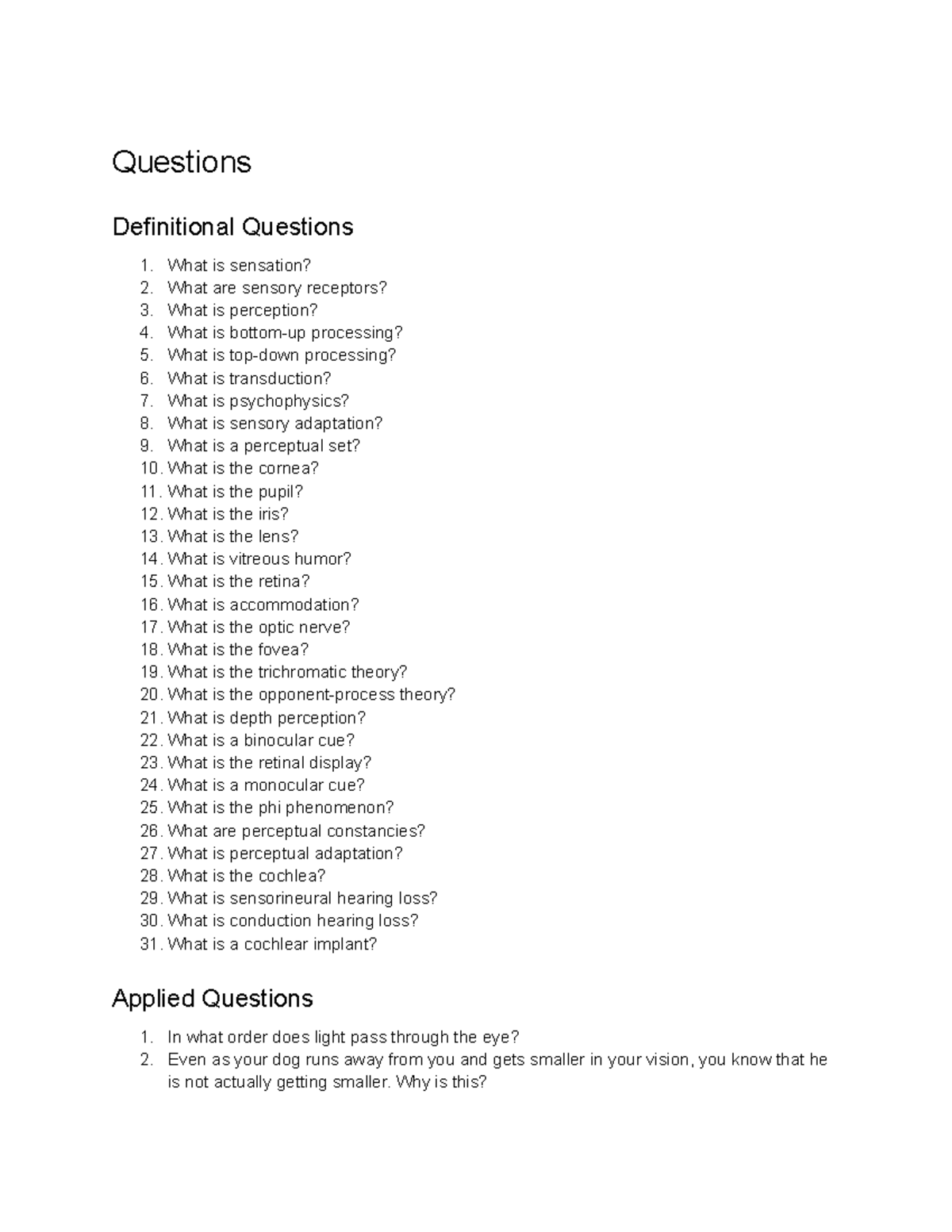PSY 110 Sensation and Perception Study Guide - Questions Definitional ...
