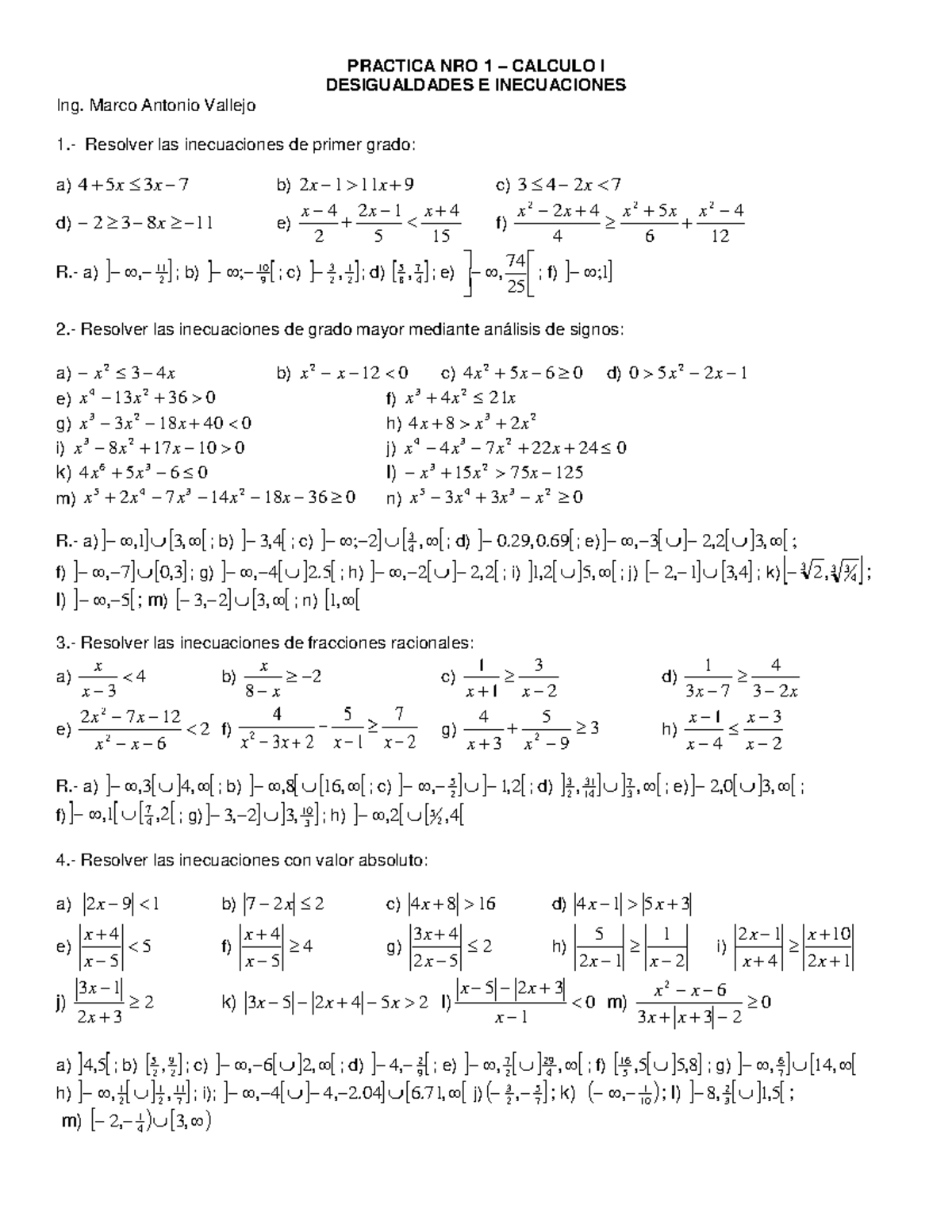 Practica 1 calculo I - PRÁCTICA DE DESIGUALDADES E INECUACIONES - PRACTICA NRO 1 – CALCULO I ...