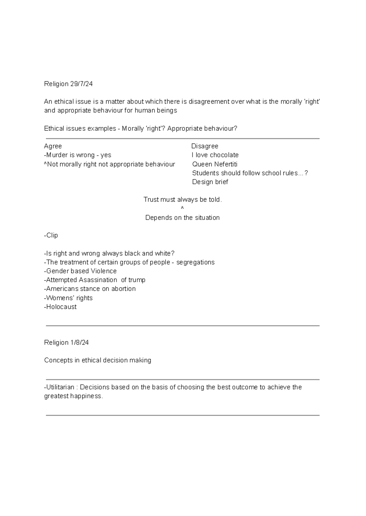 Re notes Unit 2 - ####### Religion 29/7/ ####### An ethical issue is a ...