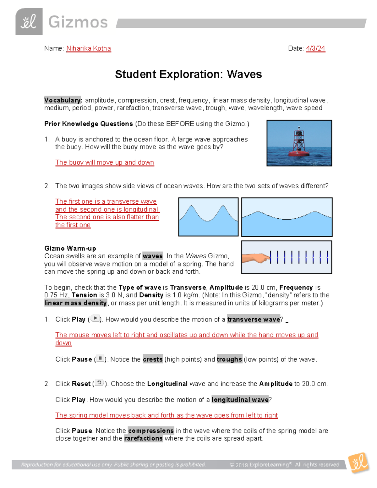 Student Exploration: Waves - Name: Niharika Kotha Date: 4/3/ Student ...