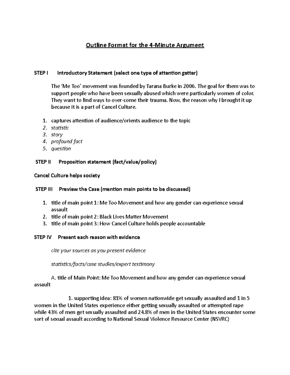 Debate Outline - Finals - Outline Format for the 4-Minute Argument STEP ...