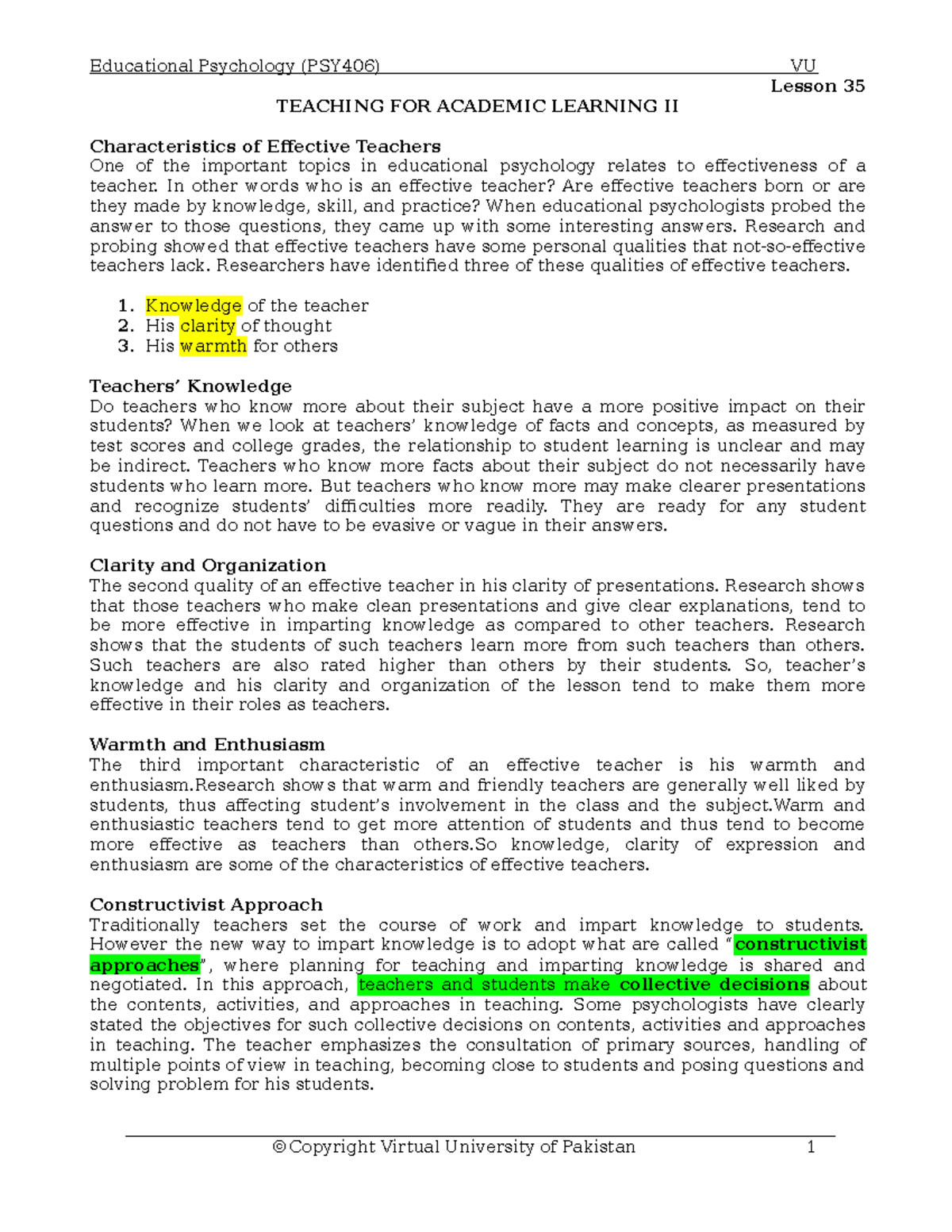 PSY406 Marked Handout 10 Lesson 35 TEACHING FOR ACADEMIC LEARNING II psy406-marked-handout-10-lesson-35-teaching-for-academic-learning-ii