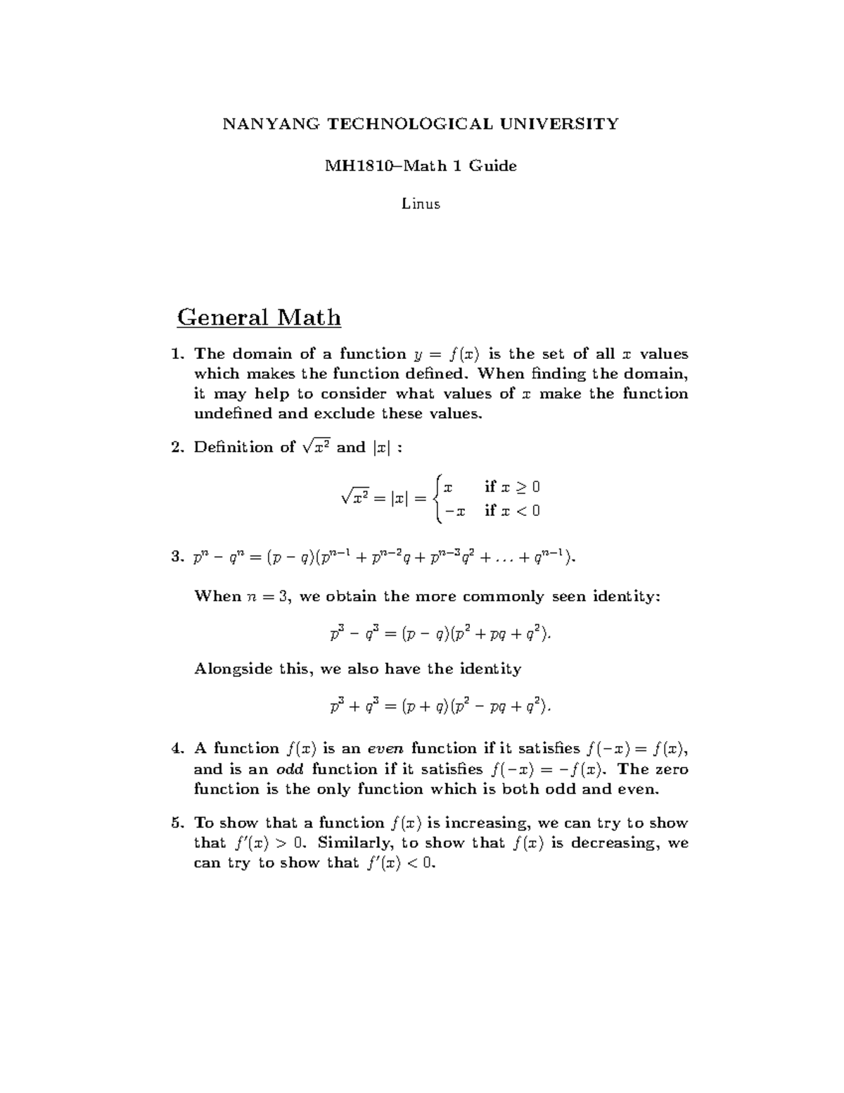 MH1810 Math 1 Guide Tut1-12 - MH1810–Math 1 Guide Linus General Math ...
