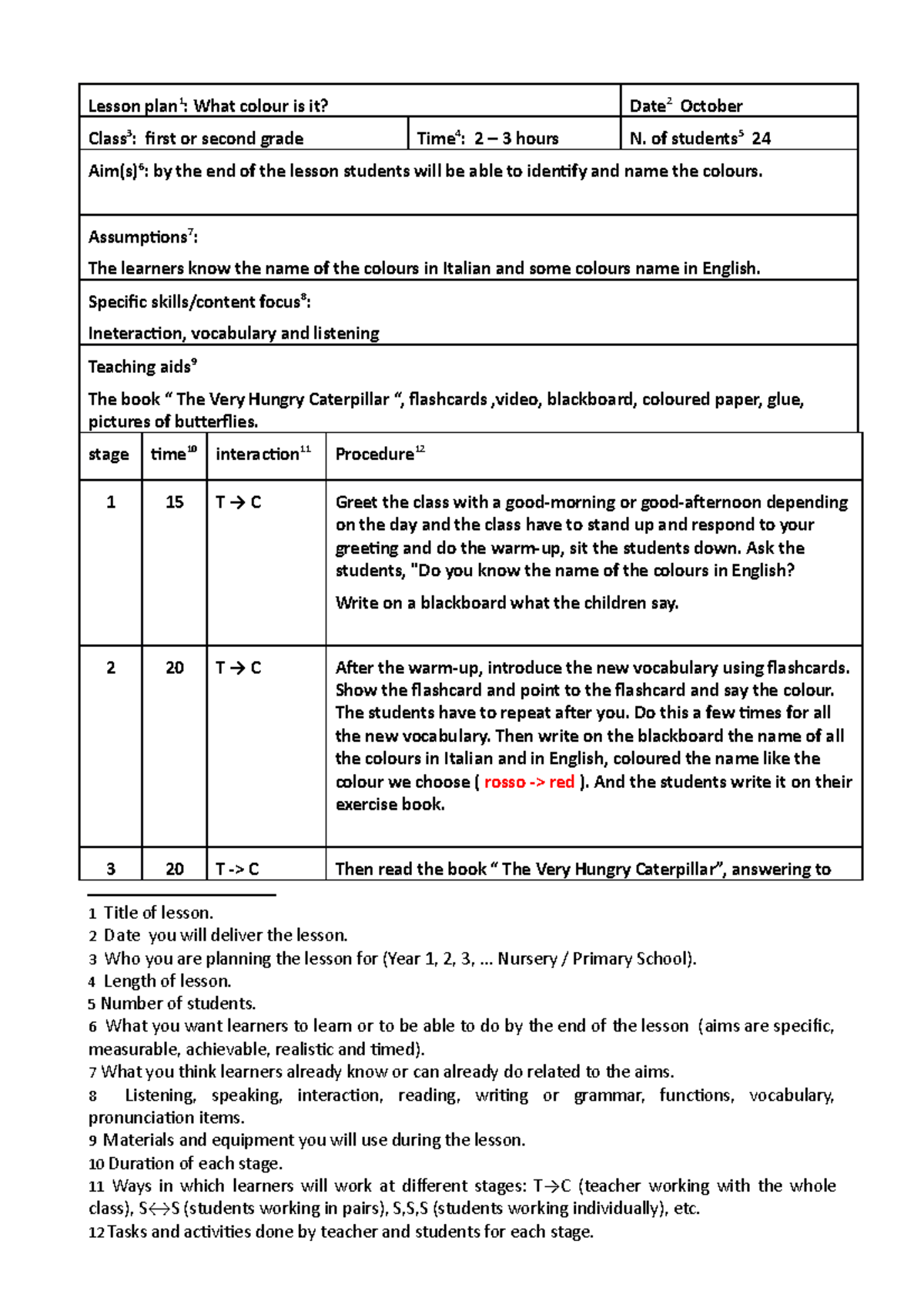 Lesson plan ( inglese ) - Lesson plan 1 : What colour is it? Date 2 ...