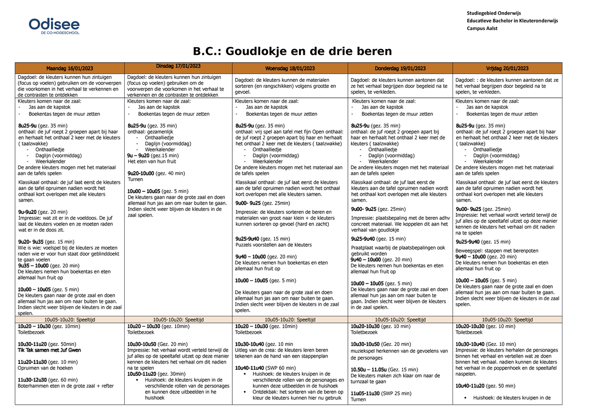 Weekschema goudlokje week 2 - B.: Goudlokje en de drie beren Maandag 16 ...