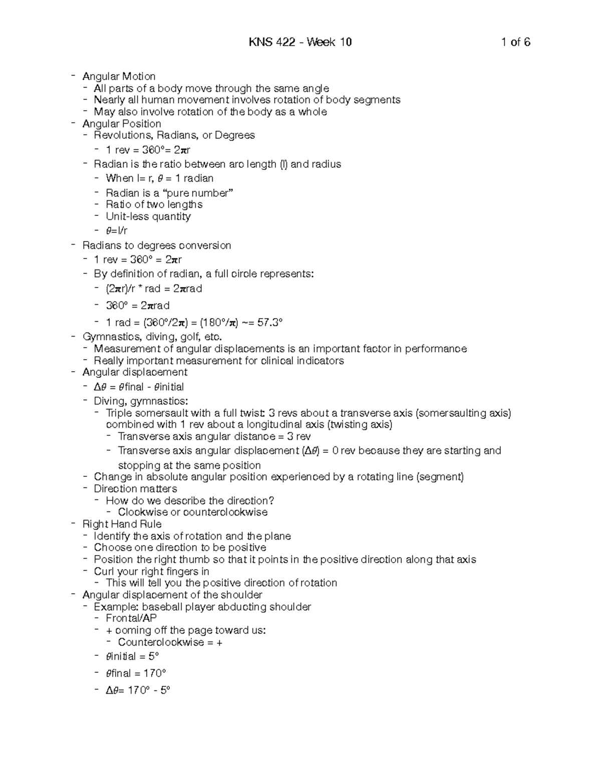 KNS 422 - Week 10 - angular motion and displacement - Angular Motion - All parts of a body move ...