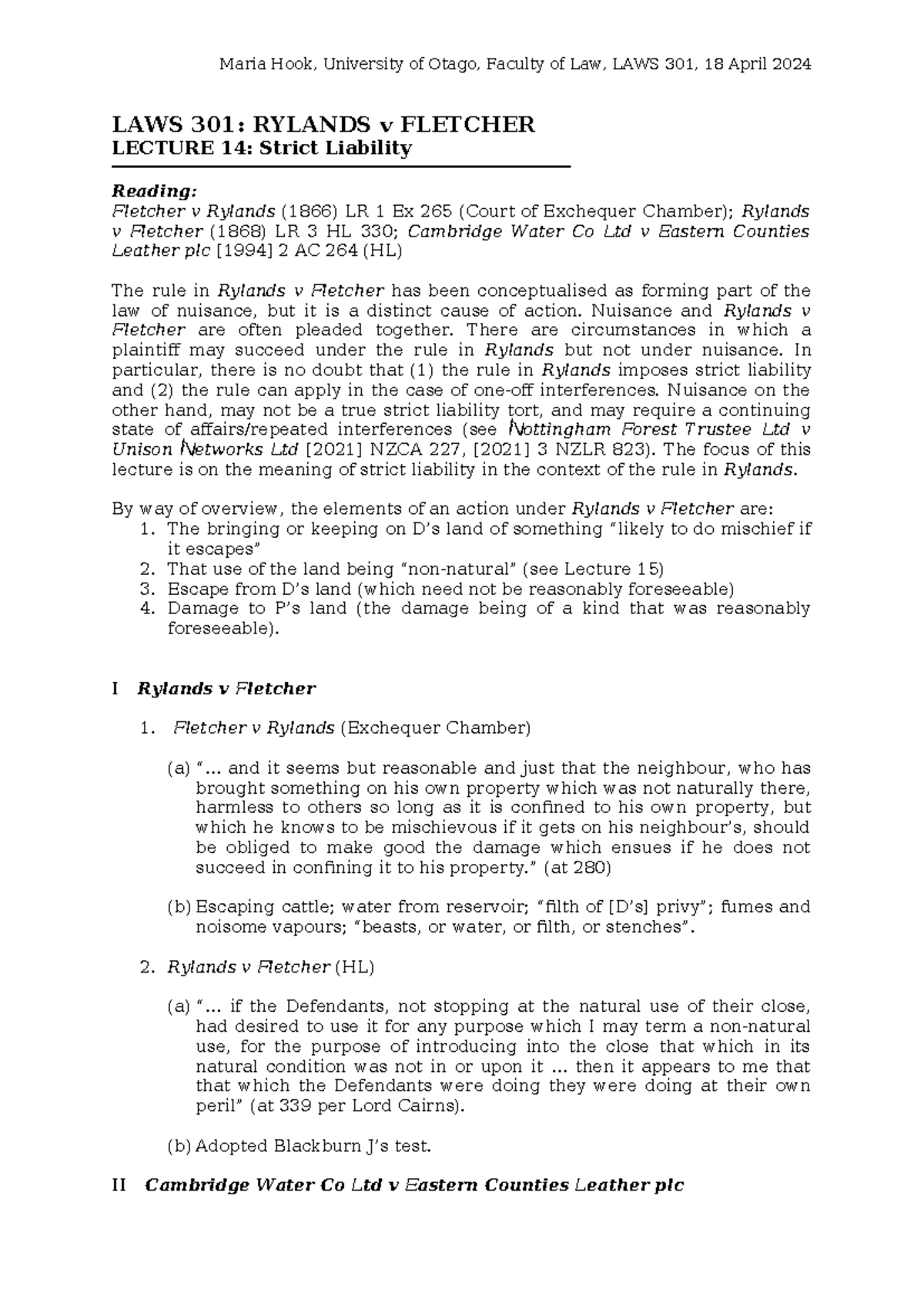 Lecture 14 Rylands Strict Liability - Maria Hook, University of Otago ...