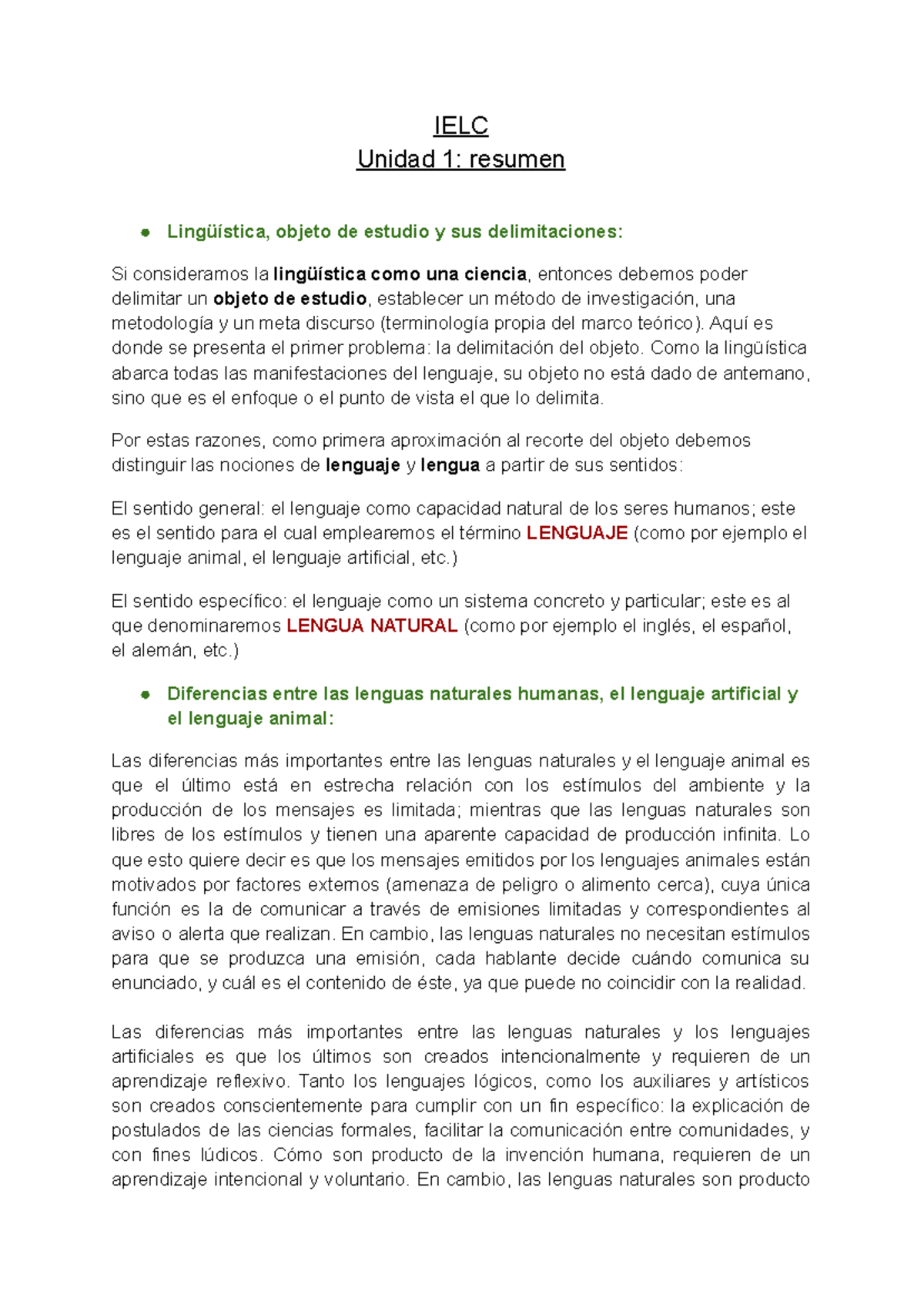 IELC Unidad 1 resumen - IELC Unidad 1: resumen Lingüística, objeto de estudio y sus - Studocu
