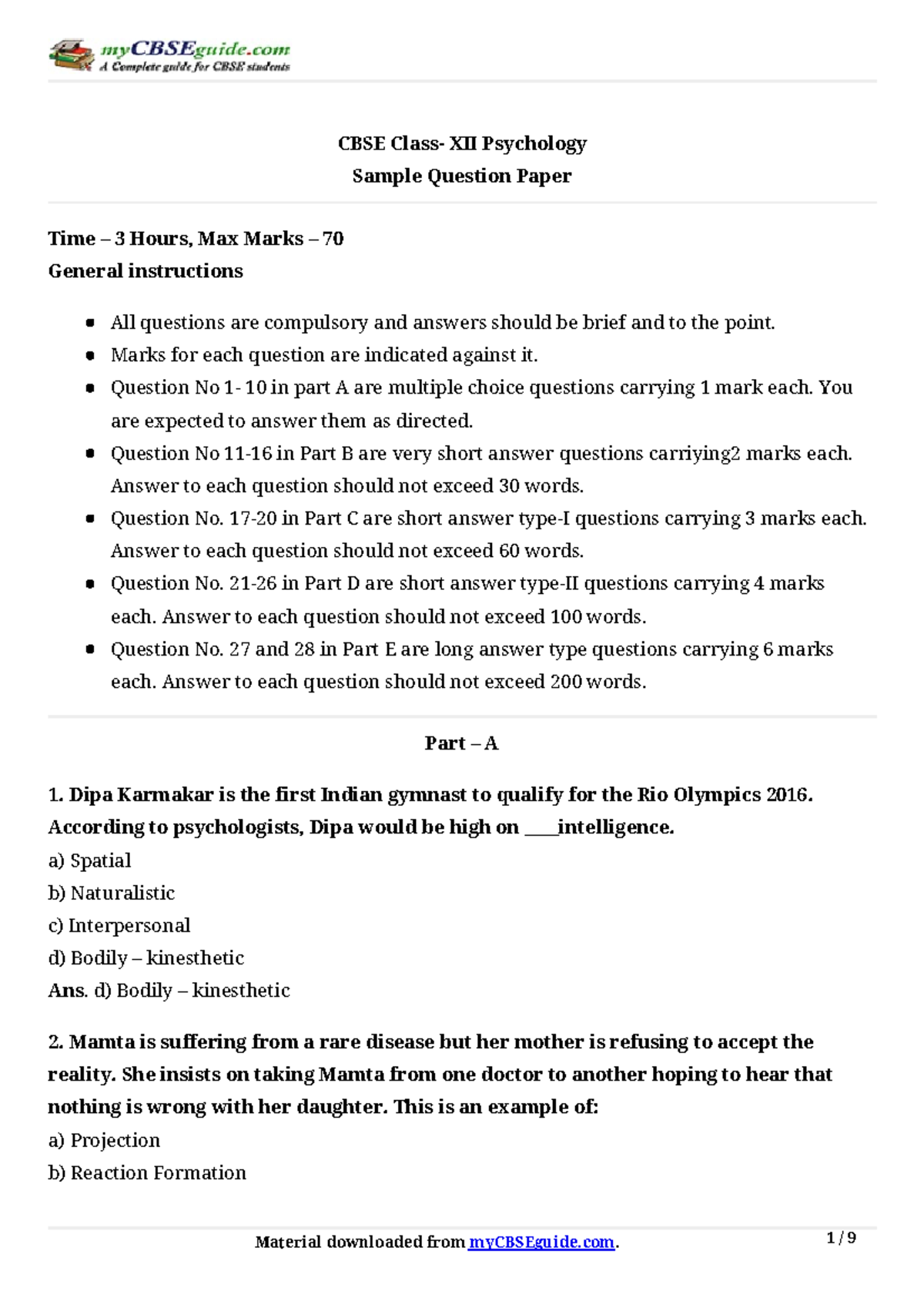 12 sp psychology - notesss - CBSE Class- XII Psychology Sample Question ...
