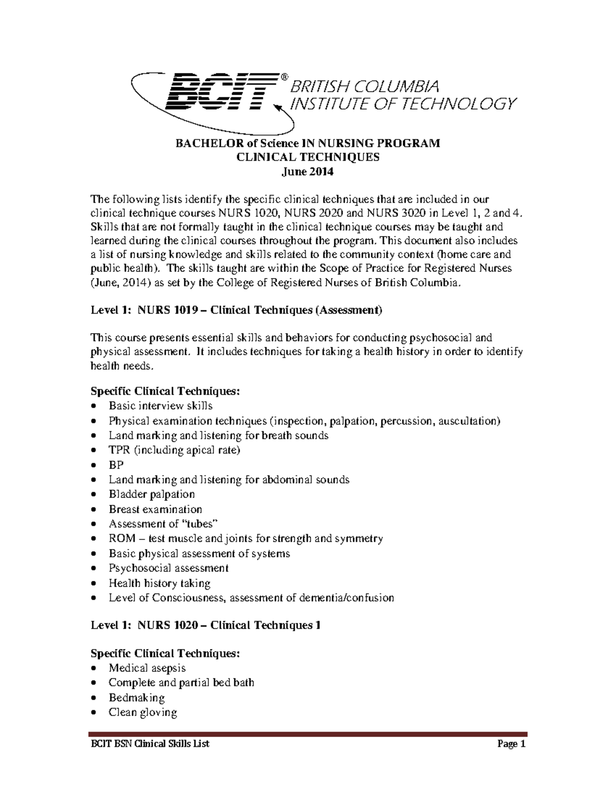Clinical techniques skills list - BACHELOR of Science IN NURSING ...