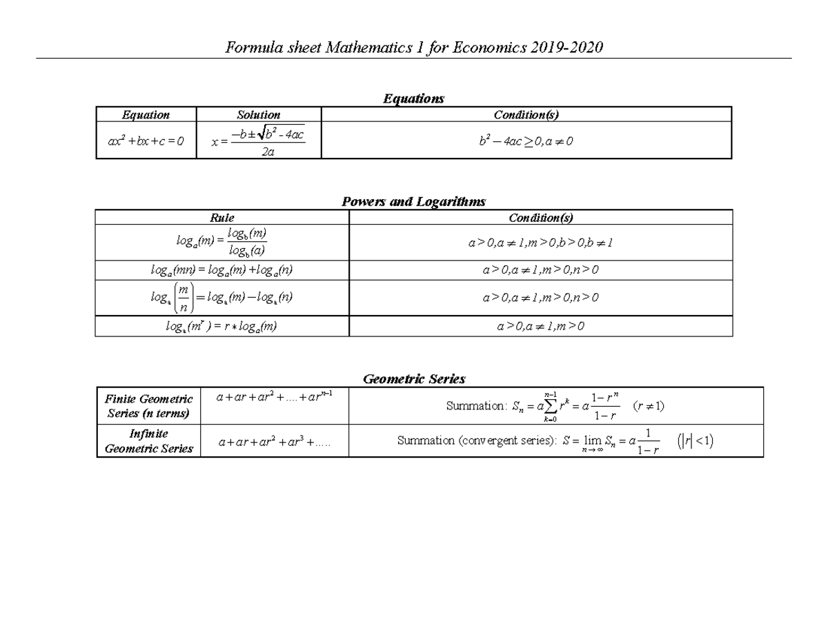 Formula sheet mathematics 1 for Economics 2019-2020 - Formula sheet ...
