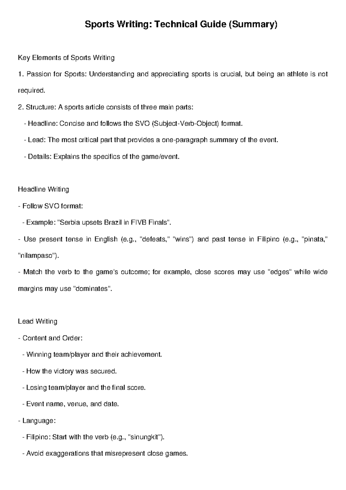 Sports Writing Tutorial Summary - Sports Writing: Technical Guide ...